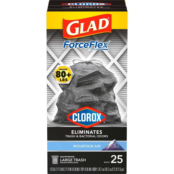 Glad Large Drawstring Trash Bags, Forceflex With Clorox, 30 Gallon ...