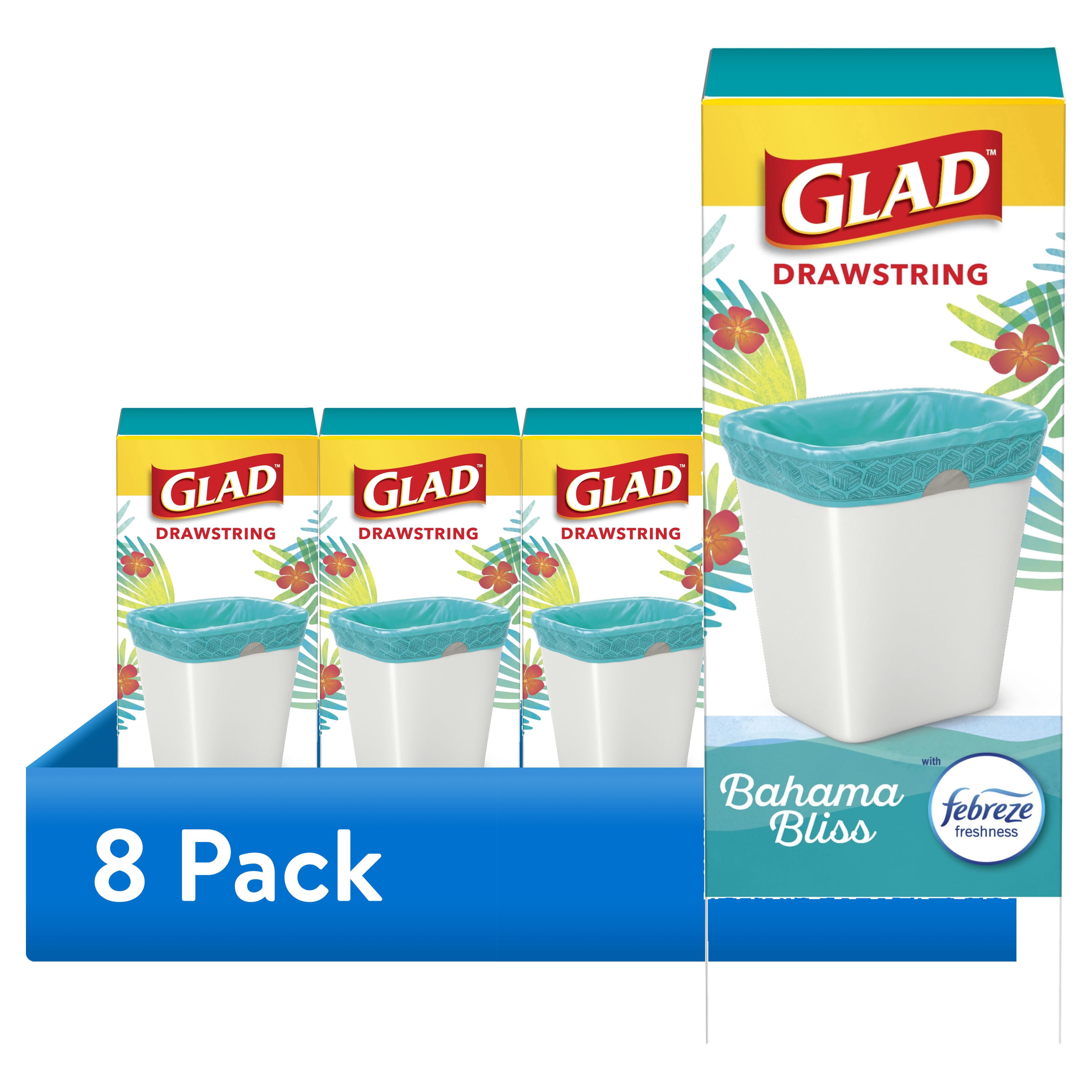 (8 pack) Glad Medium Drawstring Trash Bags, 8 Gallon, Teal, Febreze ...