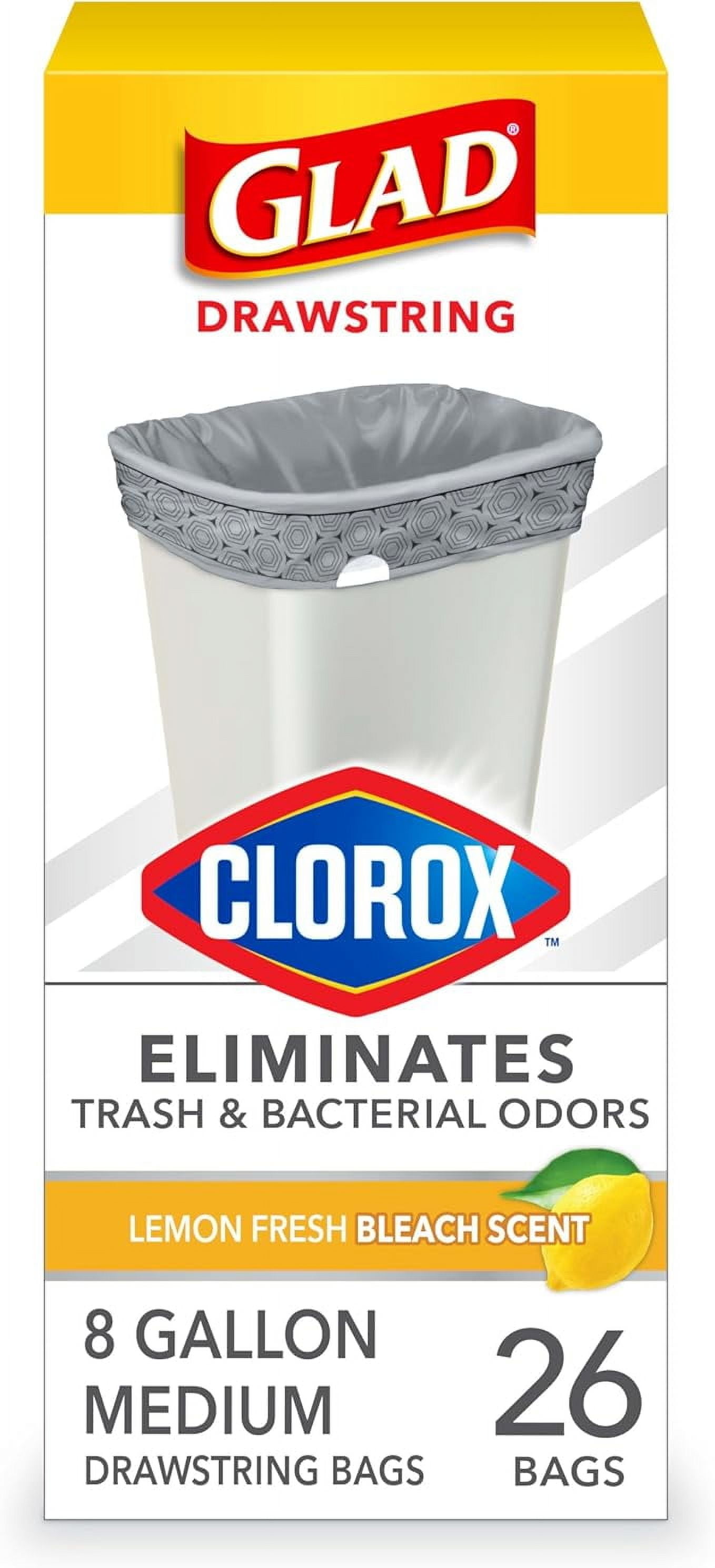 Glad Medium Drawstring Trash Bags with Clorox, 8 Gal, Lemon Fresh Bleach, 26 Ct (Package May ...