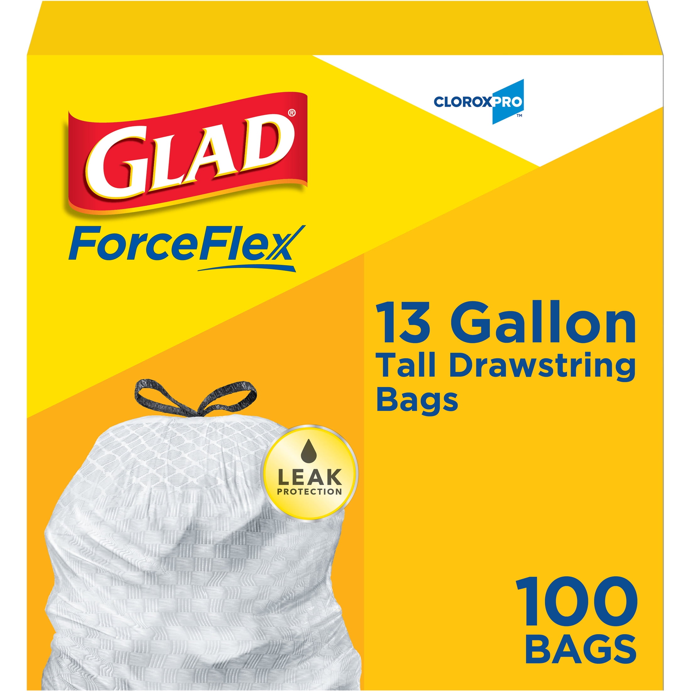 Glad Reinforced Tall Kitchen Drawstring Trash Bags, 13 Gal, 100 Bags ...