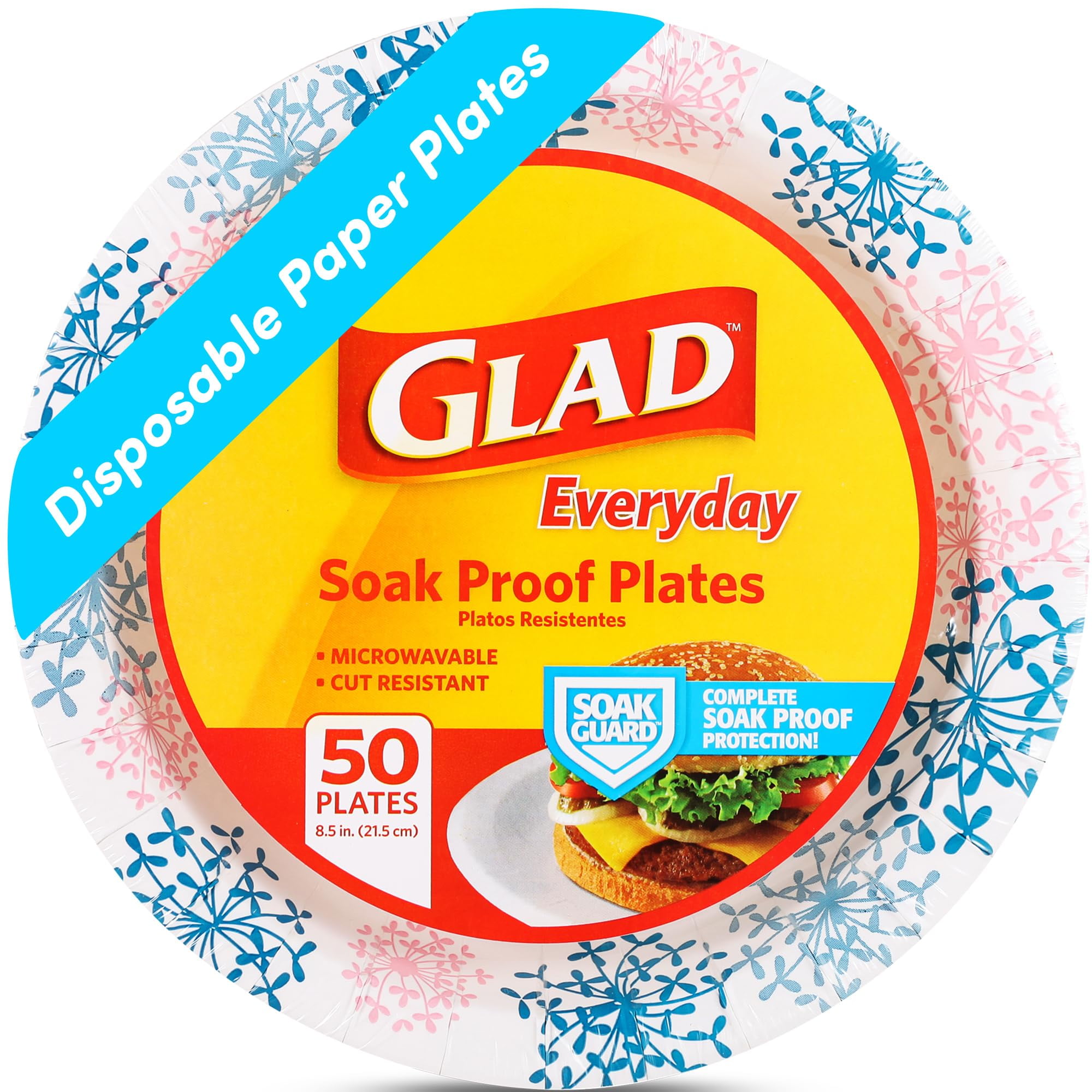 Glad Round Disposable Plates, Pink Hydrangea AFN1- Strong, Sturdy, Soak ...