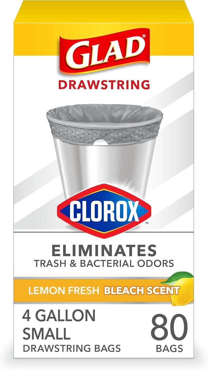 Glad Small Drawstring Trash Bags with Clorox, 4 Gal, Lemon Fresh Bleach ...