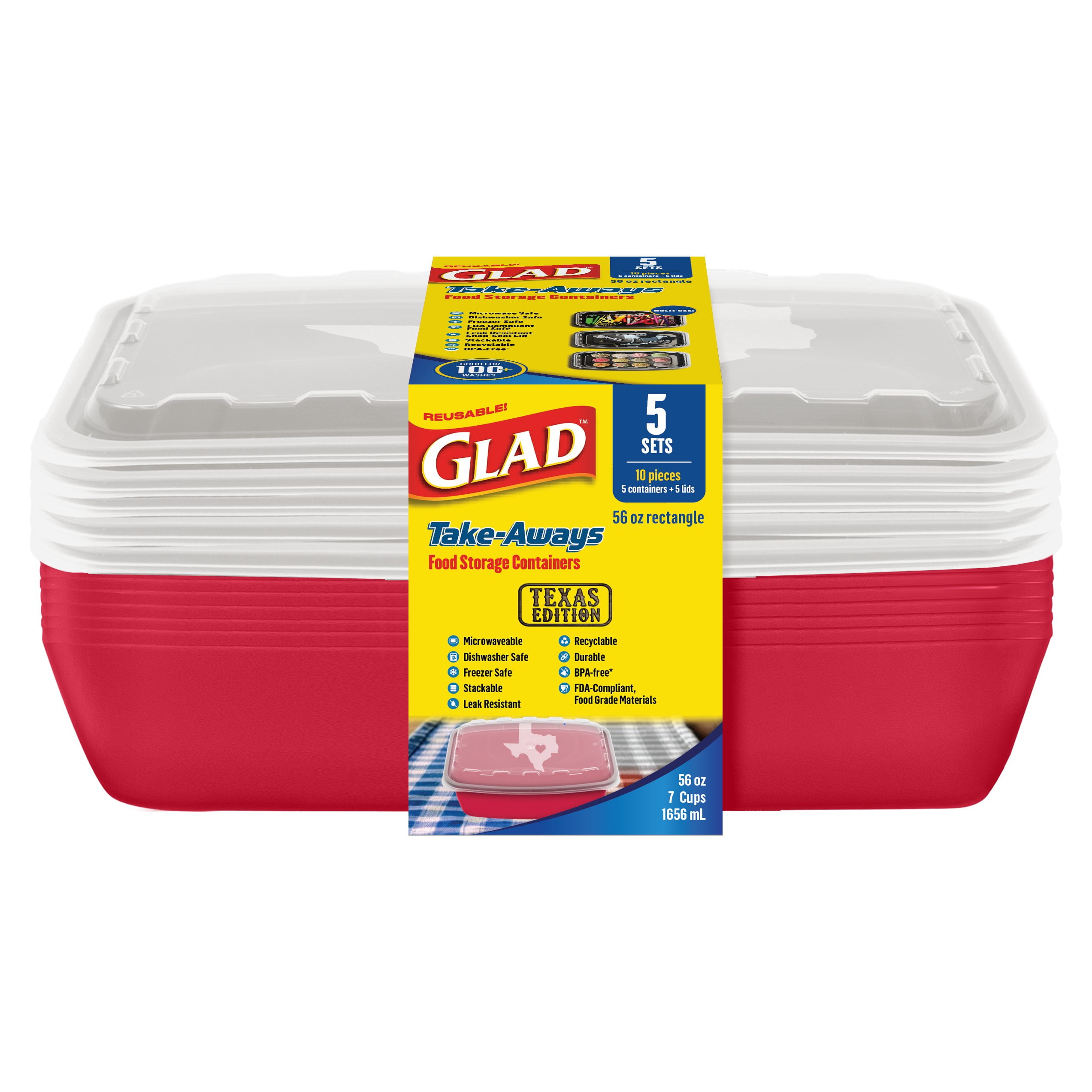Glad Take-Aways Rectangle Food Storage Containers - Red Texas Edition ...