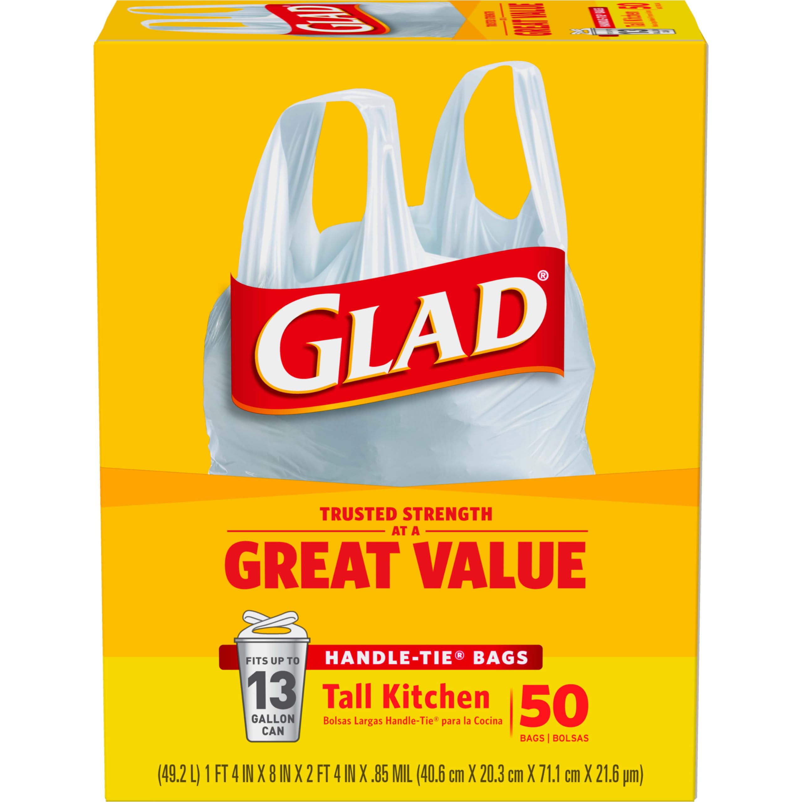 Glad 13 Gallon Handle-Tie Garbage Trash Bags, Unscented, 50 Count ...