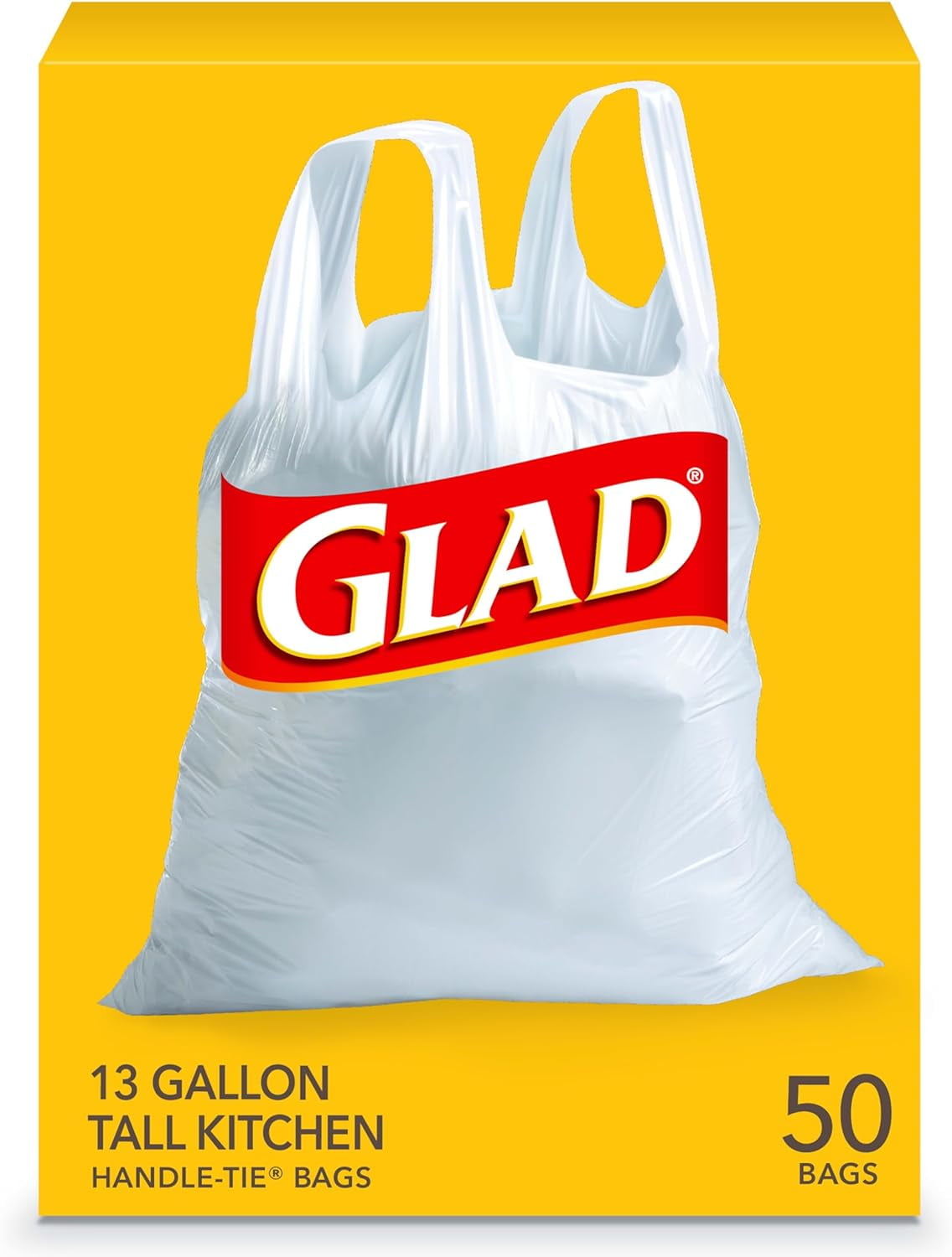 Glad Tall Kitchen Handle-Tie Trash Bags, 13 Gallon White Trash Bag, 50 ...