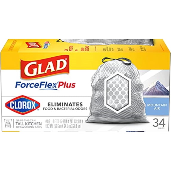 Glad Tall Kitchen Trash Bags, 13 Gallon, ForceFlexPlus with Clorox ...