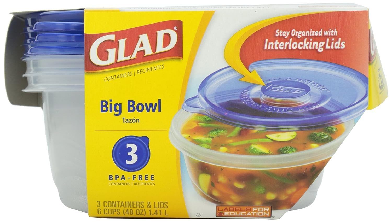 Glad Ware Big Bowl Containers with Lids, Round Size, 3 ct, 48 ounce ...