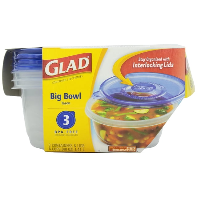 Glad Ware Big Bowl Containers with Lids, Round Size, 3 ct, 48 ounce ...
