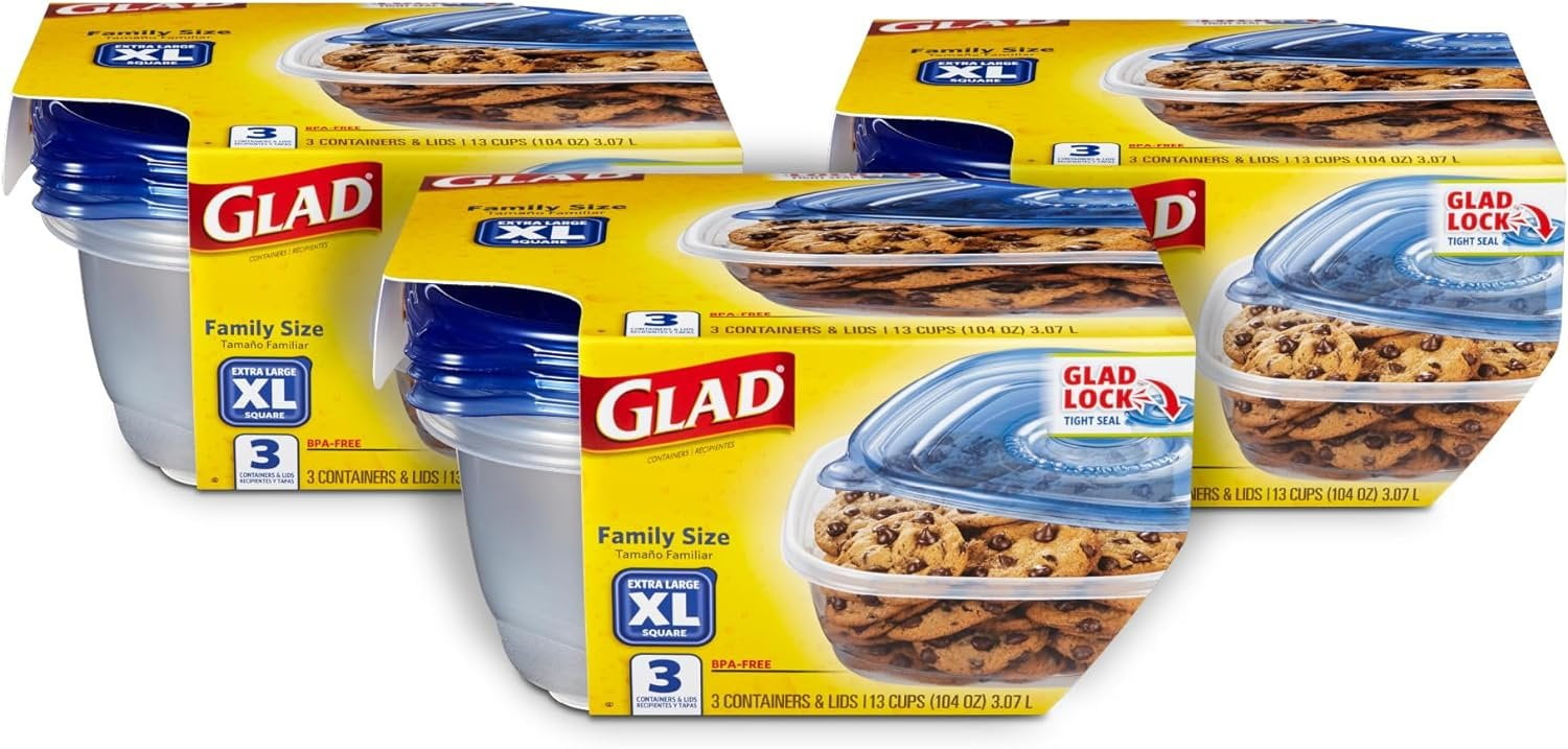 Glad GladWare Food Storage Containers, Square - XL Airtight, 3 Count ...