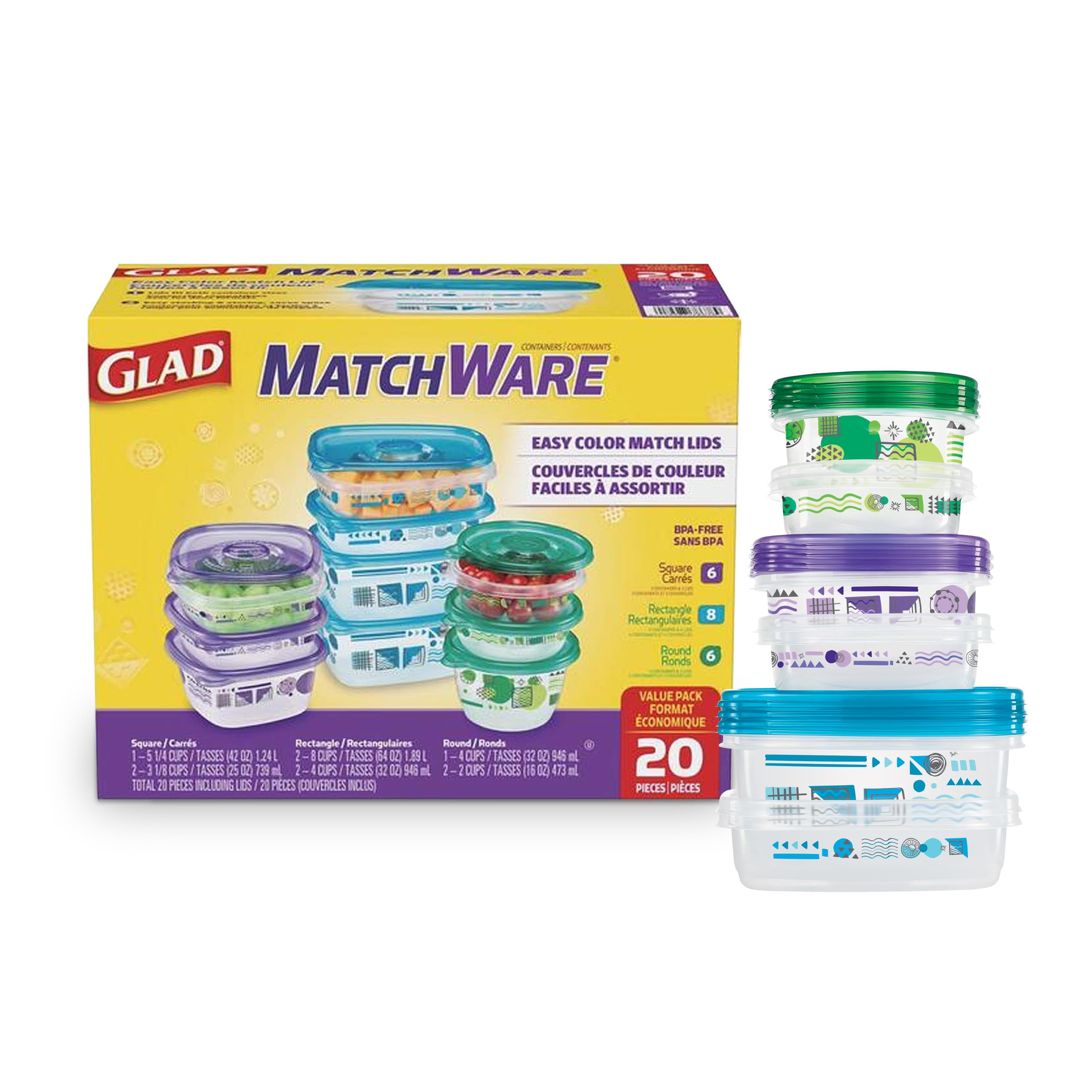 GladWare Matchware Food Storage Containers, 20 pc Value Pack Rainbow Kitchen Storage Containers ...