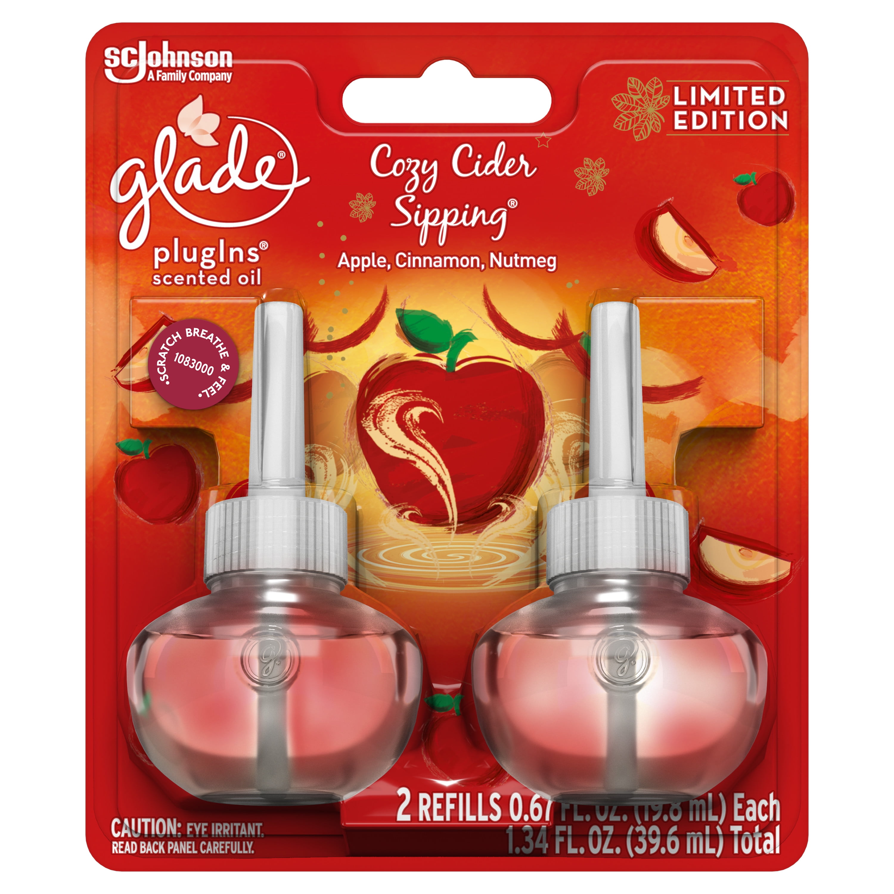 Glade PlugIns Refill 2 CT, Cozy Cider Sipping, 1.34 FL. OZ. Total ...