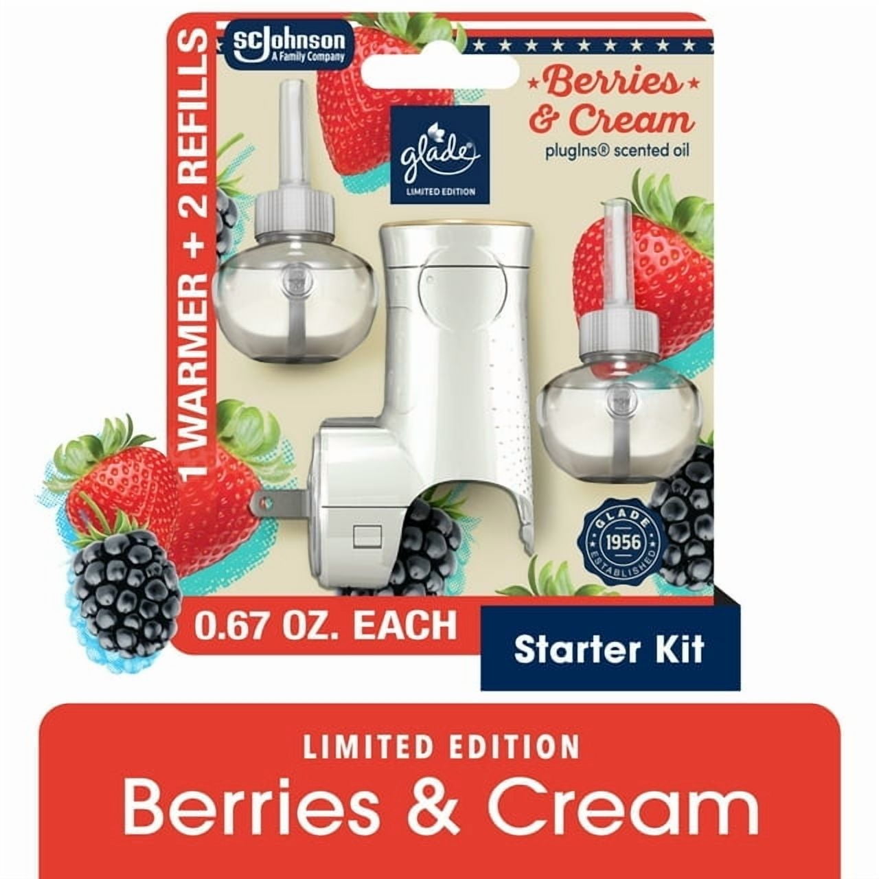 Glade PlugIns Refills Air Freshener Starter Kit, Berries & Cream, 1.34 Fl oz., 1 Warmer + 2 ...