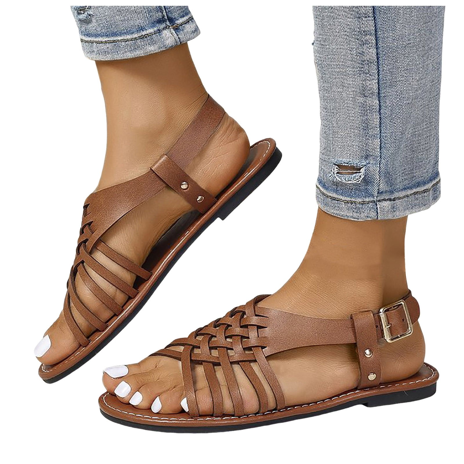 Gladiator Flat Sandals for Women 2025 Summer Roman Strappy Open Toe ...