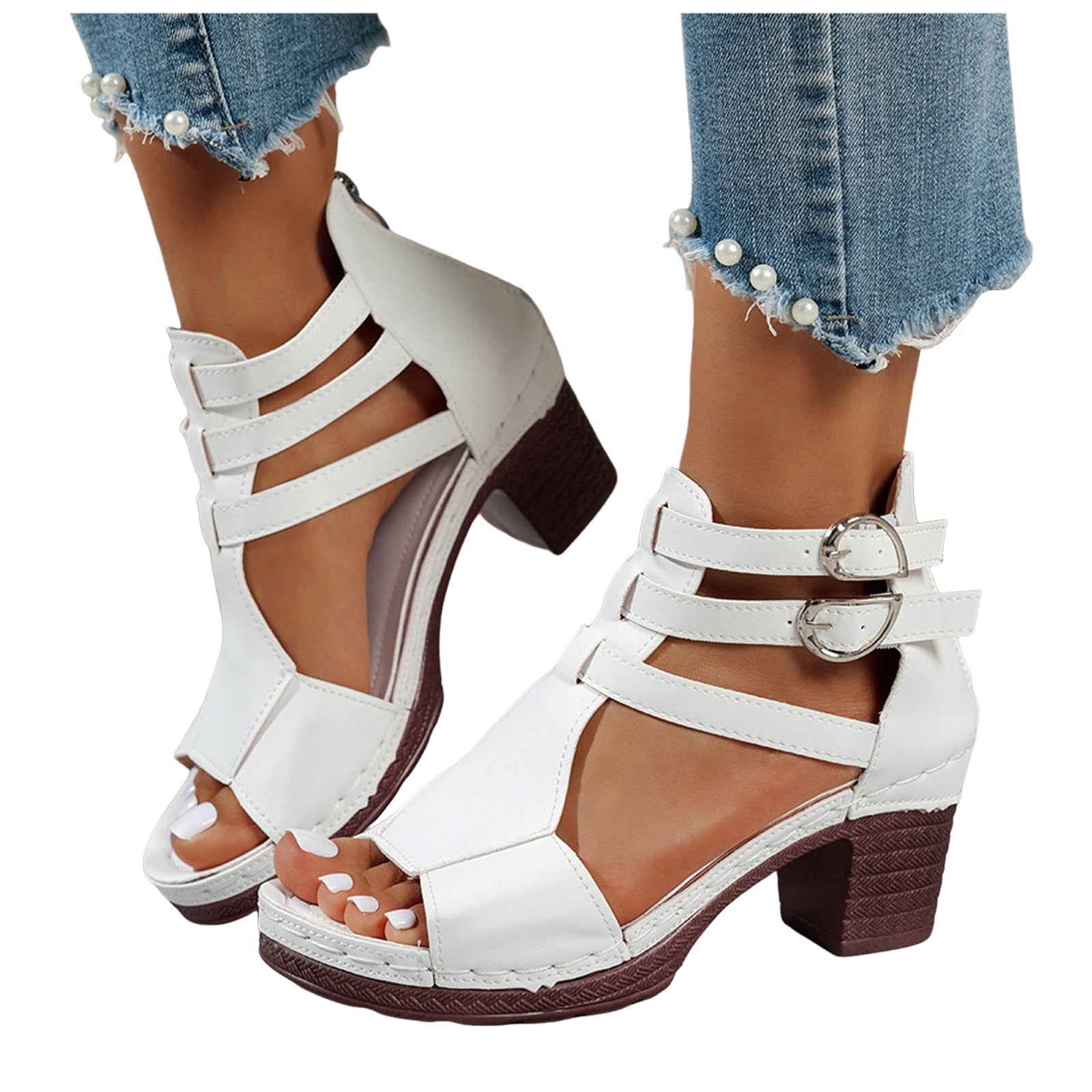 Gladiator Sandals for Women Fashion Buckle Ankle Strap Open Toe Heels ...