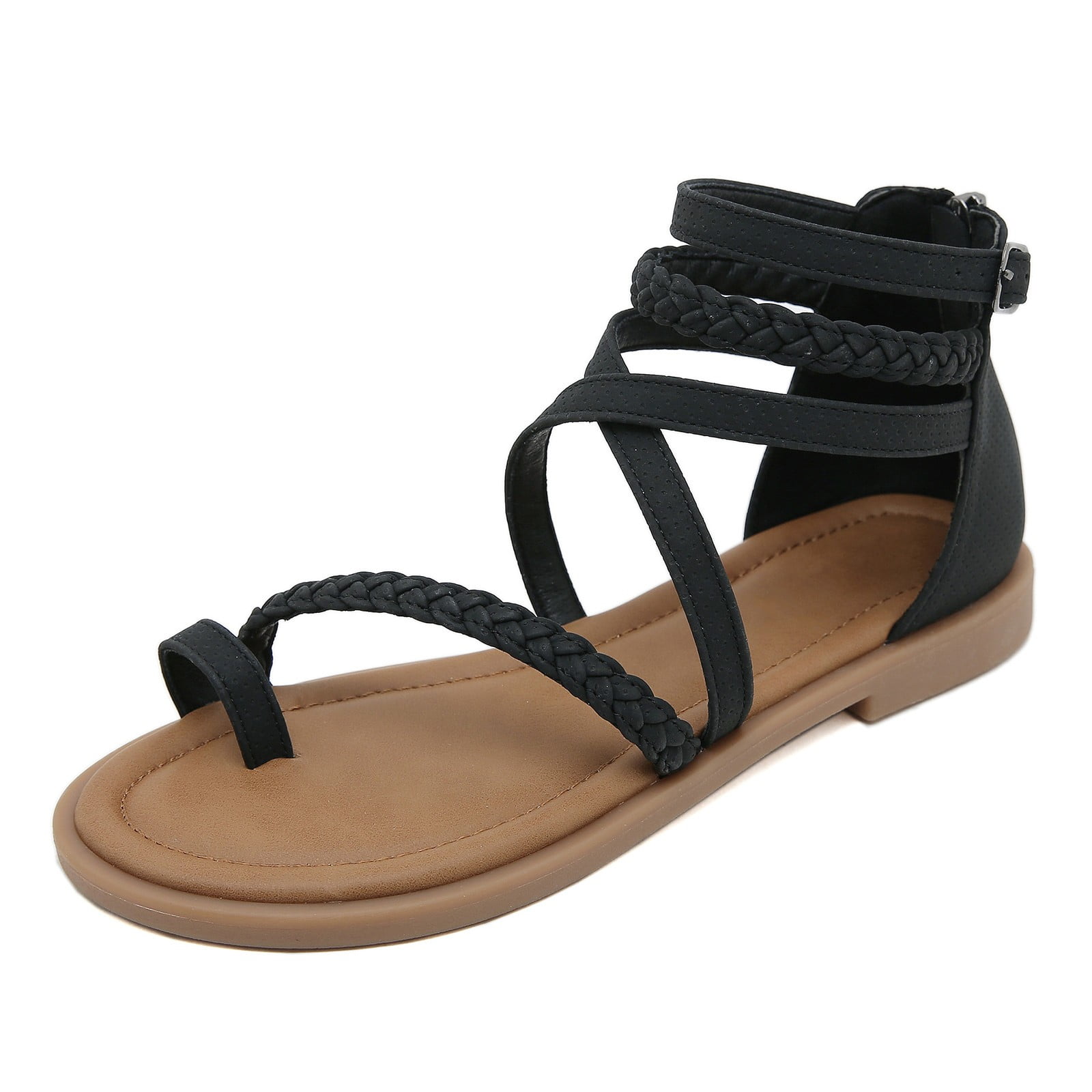 Gladiator Sandals for Women Strappy Flat with Ankle Strap Back Zipper ...