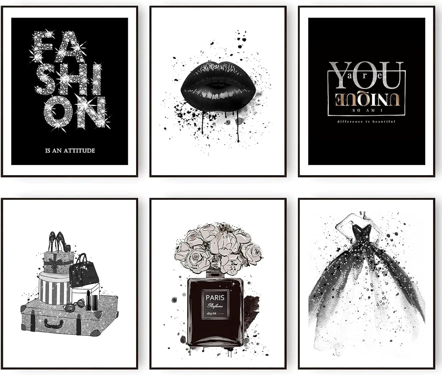 Glam Black Fashion Wall Art Prints Posters Set of 6 Girls Room Decor ...