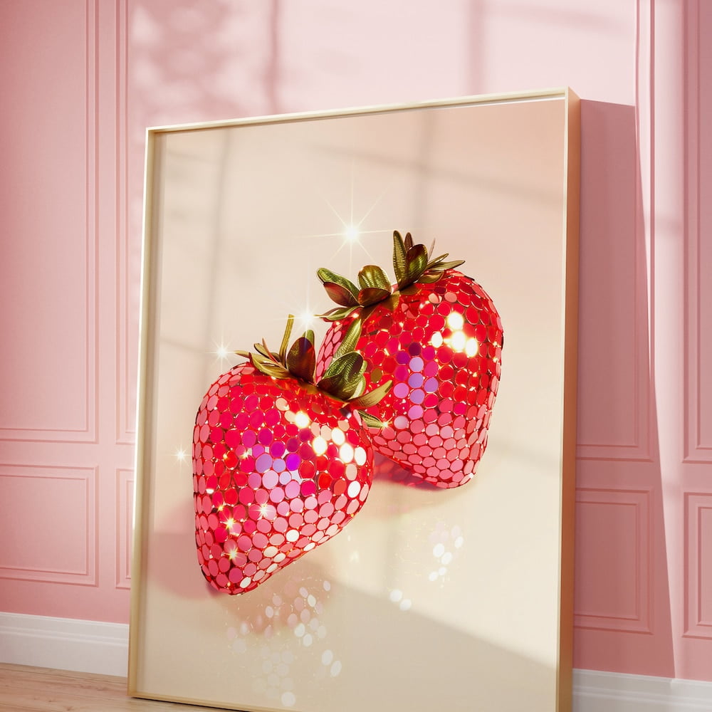Glam Disco Ball Strawberry Art Print: Trendy Dorm Decor UNFRAMED PAPER ...