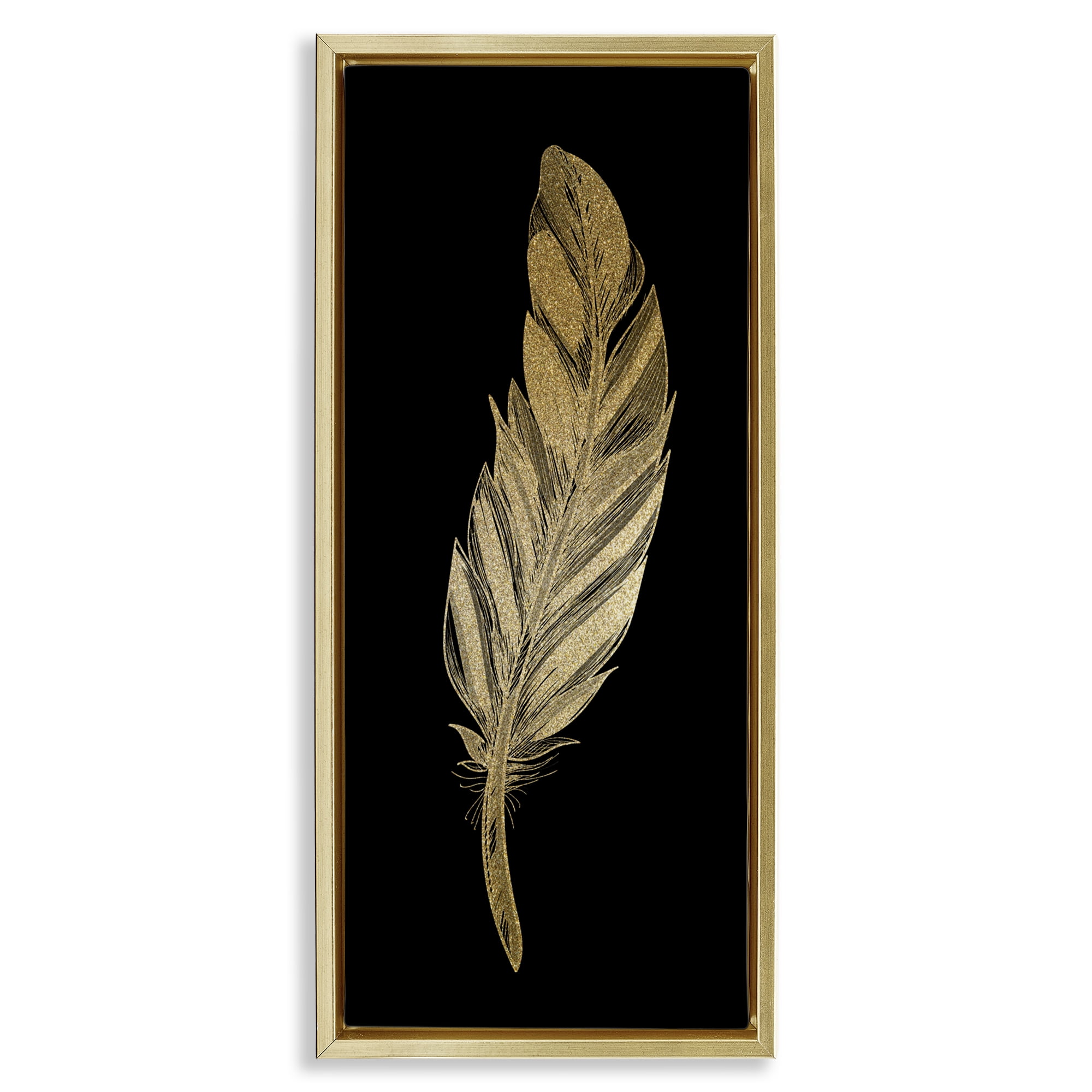 Glam Feather Black & Gold Gold Framed Floater Canvas Wall Art, design ...