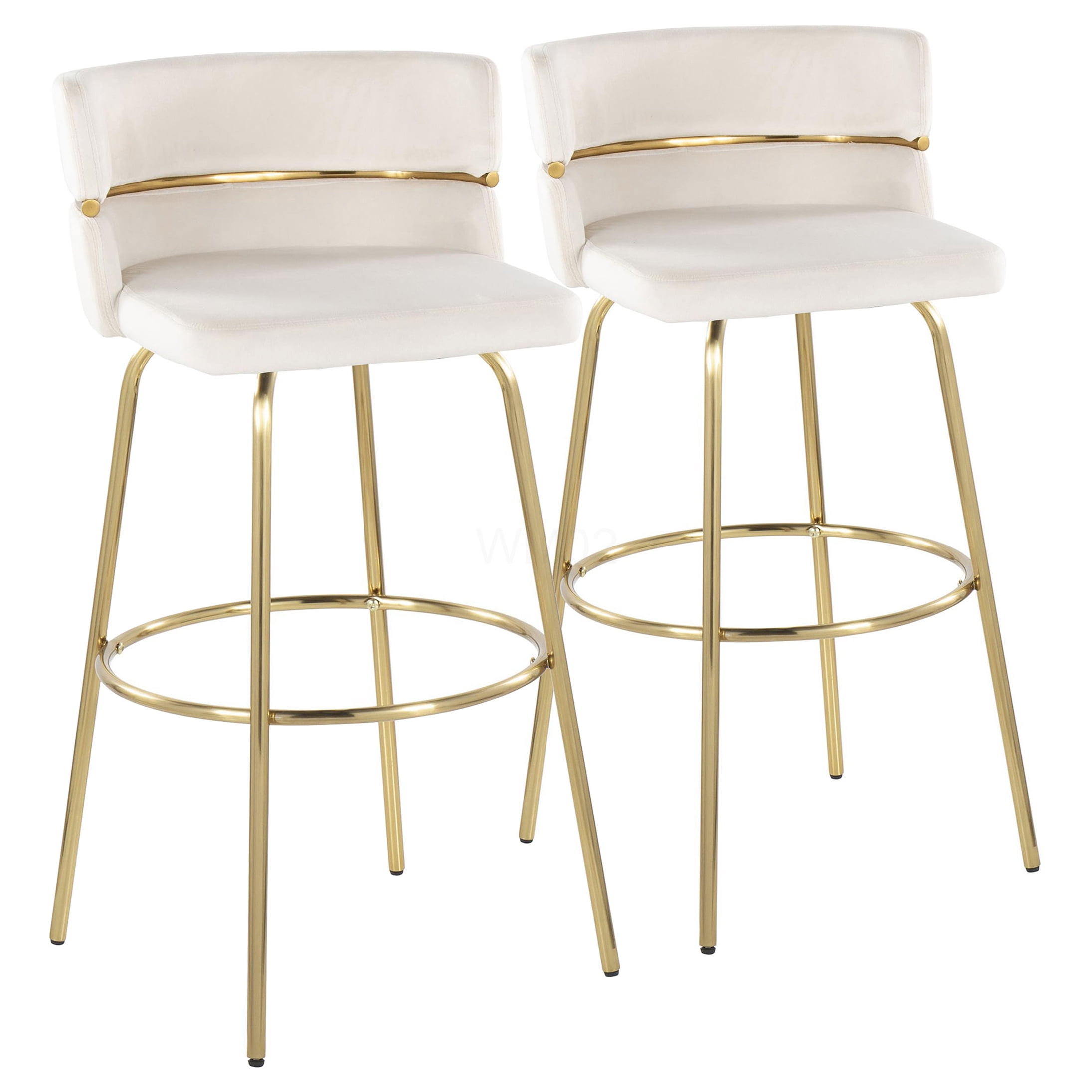 Glam Gold Metal Bar Stools Set of 2 with Cream Velvet Upholstery and ...