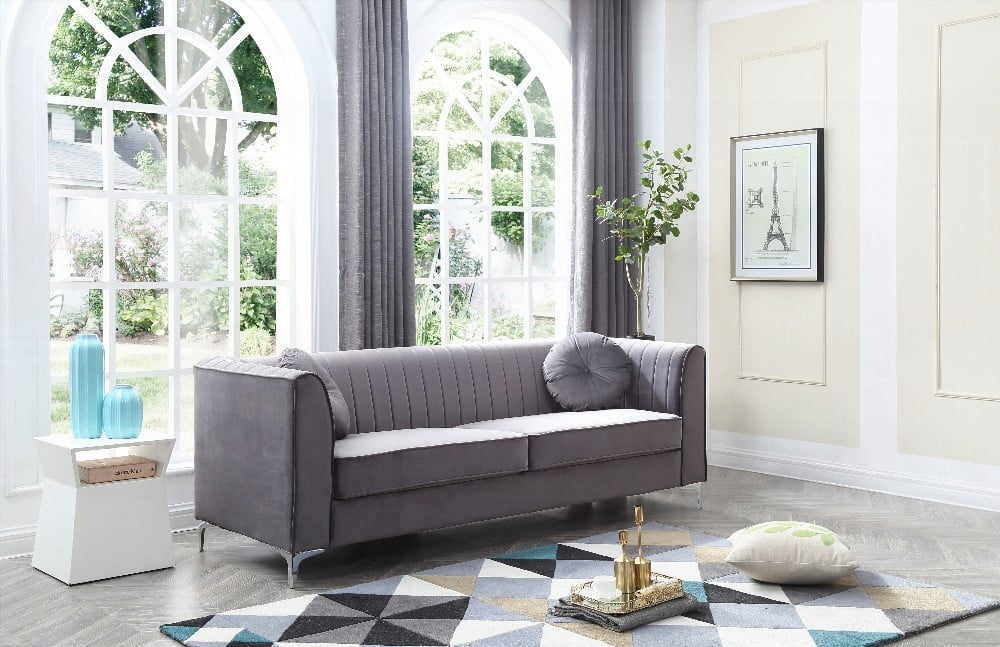 Glam Micro Suede Velvet Sofa | Heavy Duty Chrome Legs | 2 Boxes (Gray ...