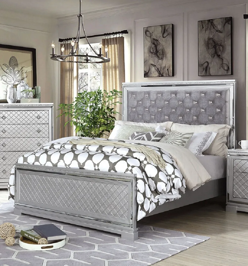 Glam Mirror Panels 1pc Queen Size Bed Silver Bedroom Panel Bed Gray Tufted Fabric Headboard