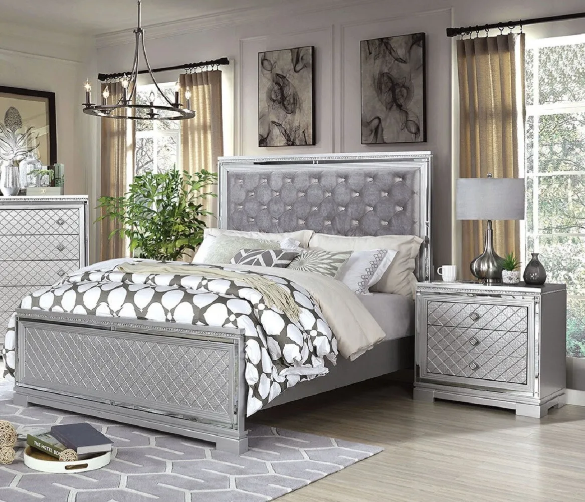 Glam Mirror Panels Queen Size Bed Silver 3pc Bedroom Set Gray Tufted ...