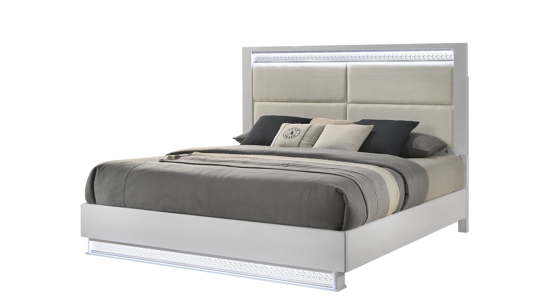 Glam Modern Style Queen Bed with LED headboard Made With Wood in White ...