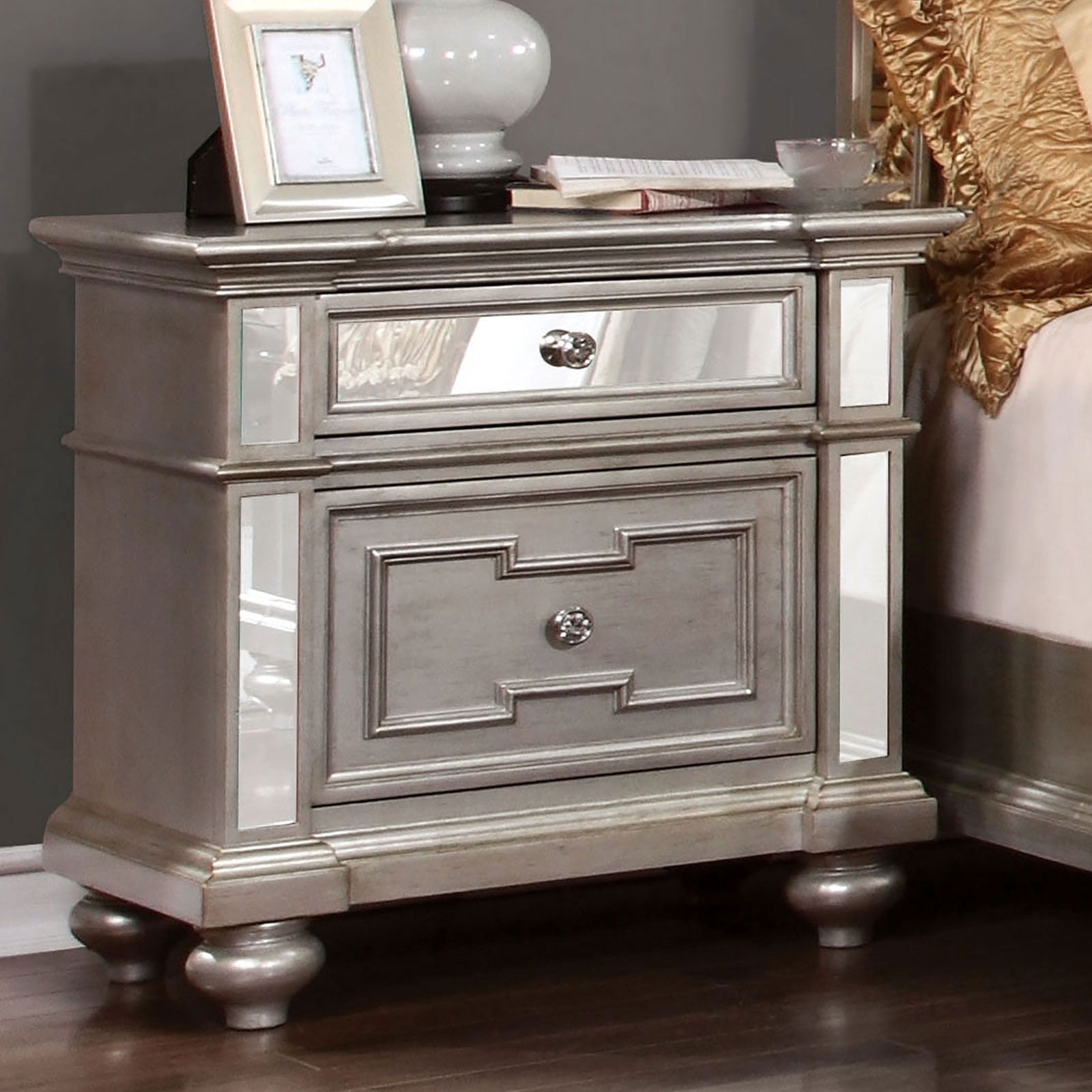 Glam Nightstand | Silver Mirrored Accent Nightstand with Crystal Drawer ...