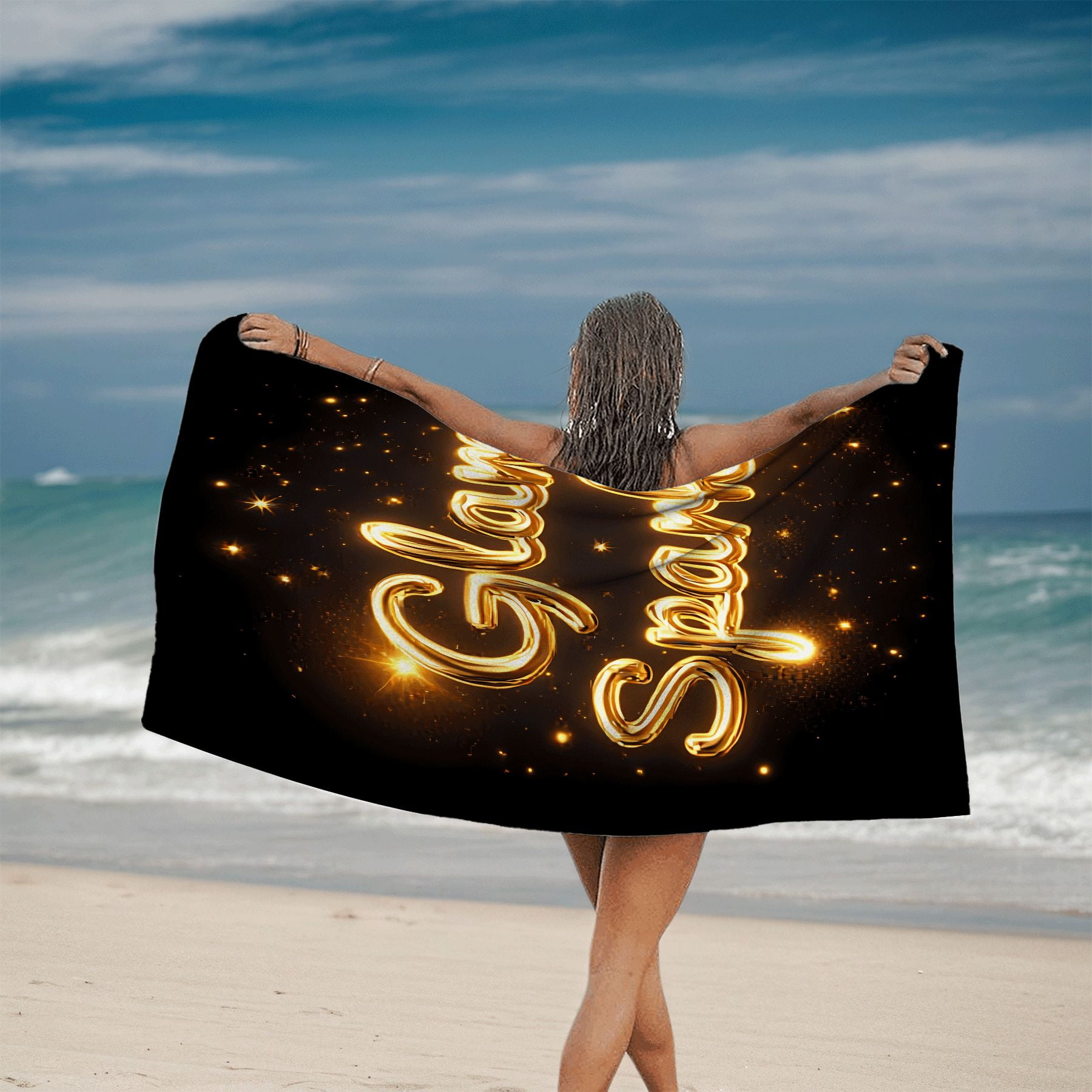 Glam Sparkle Beach Towel - Luxurious Dark Background with Golden ...