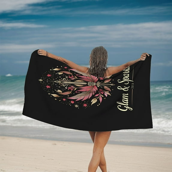 Glam & Sparkle Floral Beach Towel - Stylish Pink & Gold Flower Design ...