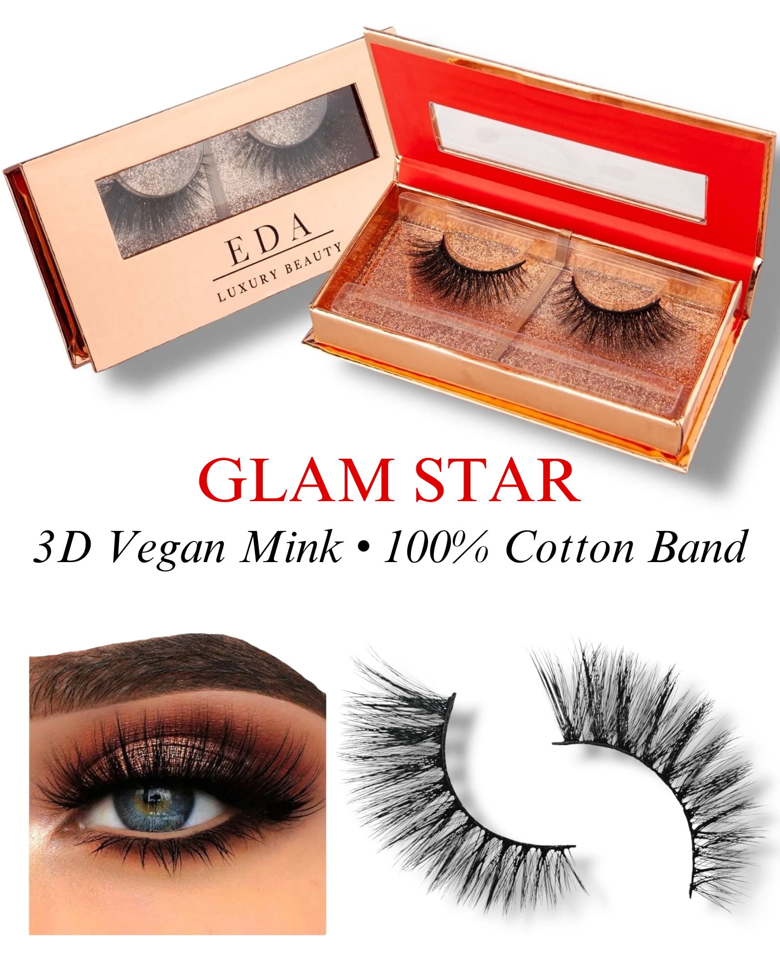 Glam Star, 3D Vegan Faux Mink False Lashes, Cat-Eye Extra Long Dramatic ...