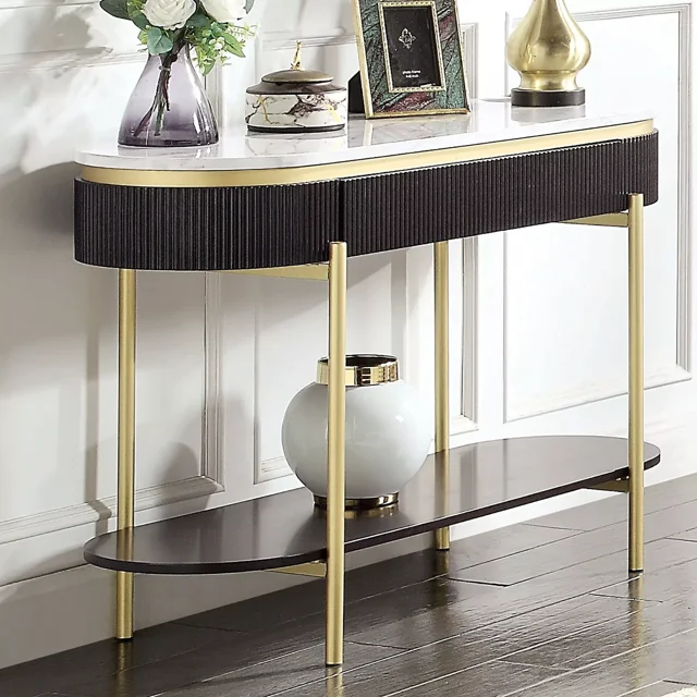 Glam Style Dark Walnut 1pc Sofa Table w Drawer Gold Steel Legs Reeded ...