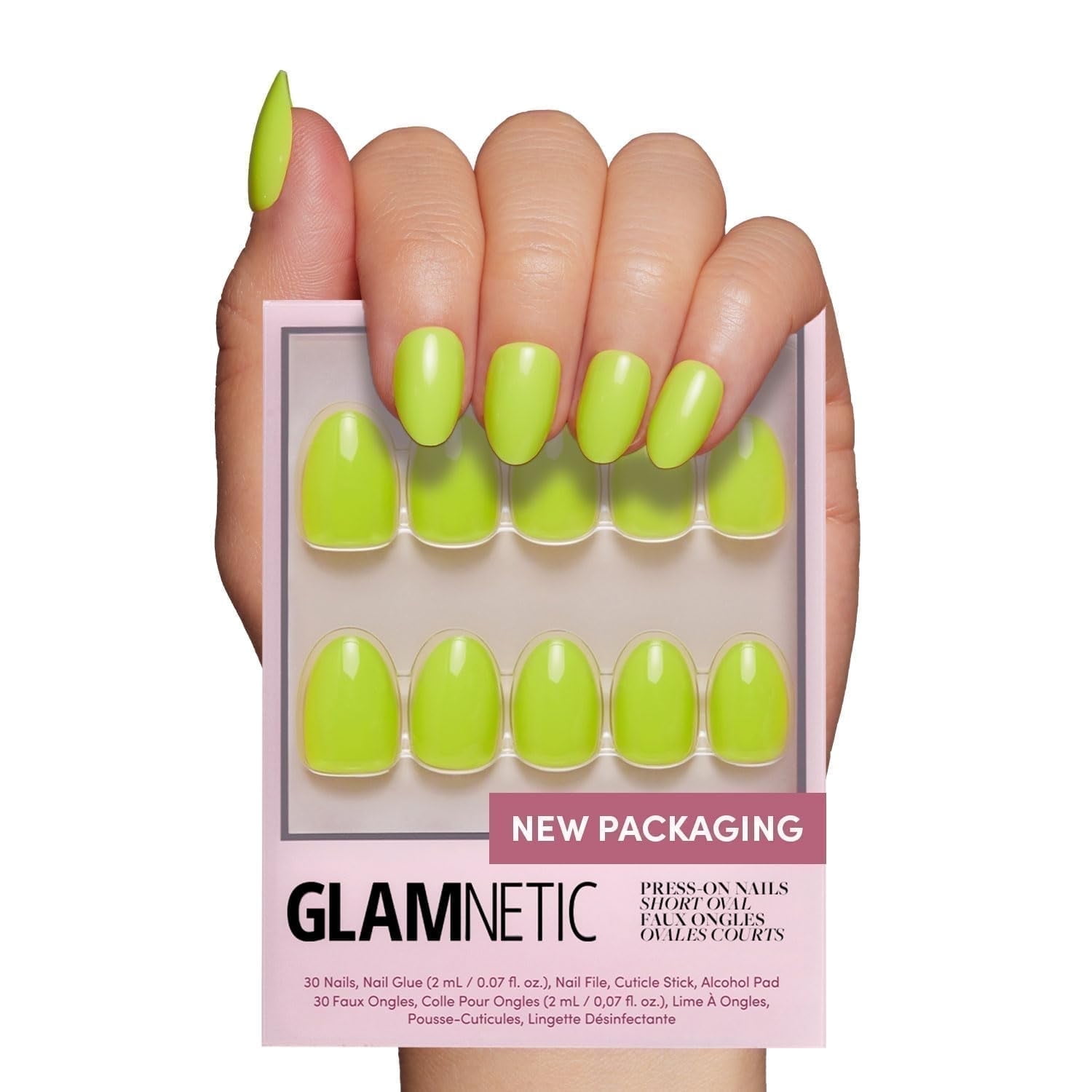 Glamnetic Press-On Nails, Neon Lime Green, Short Oval, Reusable, 30 ...
