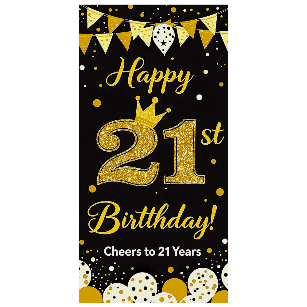 Glamorous Black Gold Happy 21st Birthday Banner with Glittery Numbers Crown Stars Backdrop Party ...