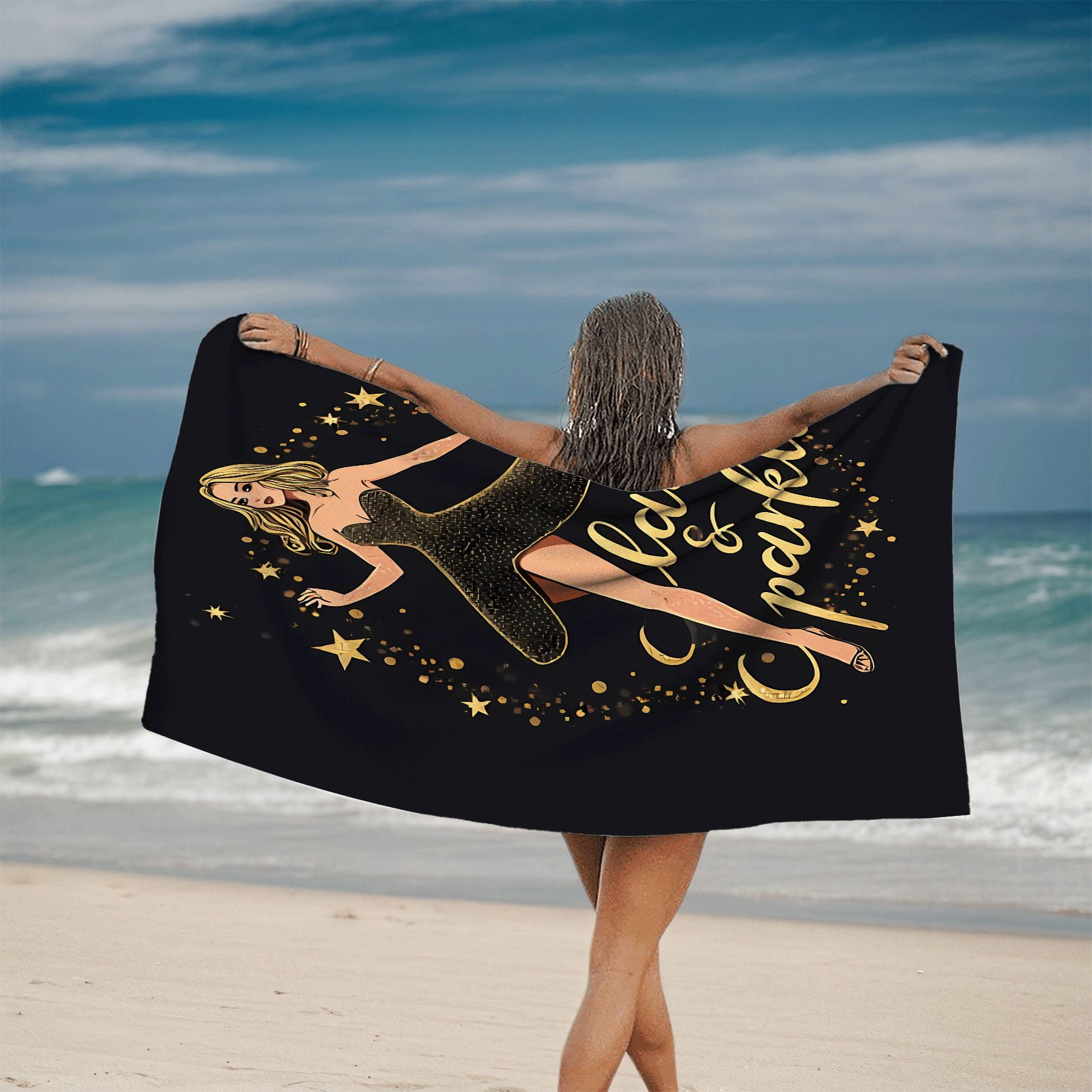 Glamorous Black & Gold Starry Pattern Beach Towel - Stylish Pool Towel ...