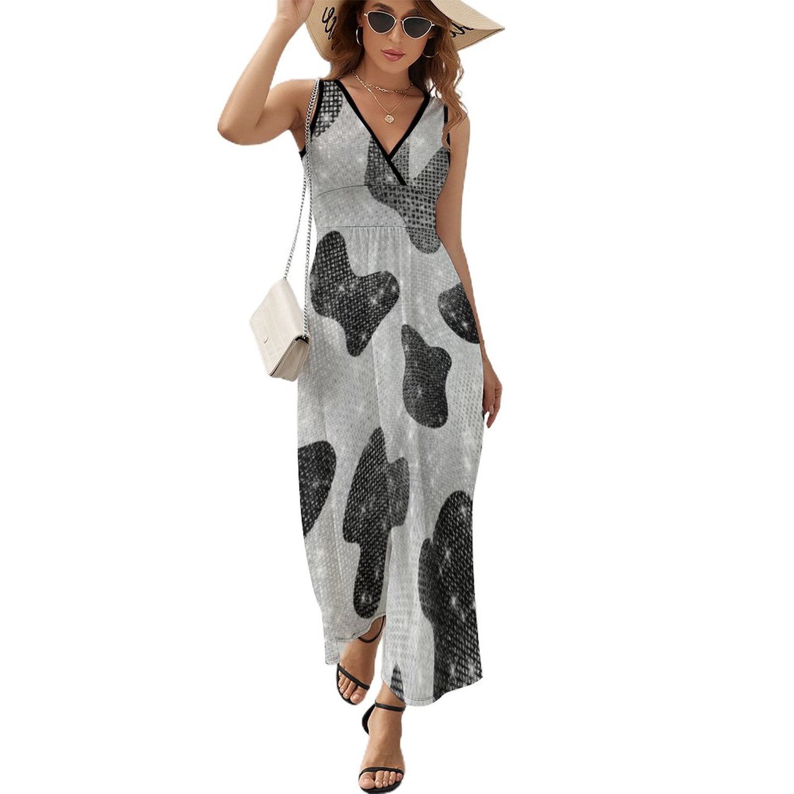 Glamorous Black Sparkly Glitter Sequins Cow Print Sleeveless Dress prom ...