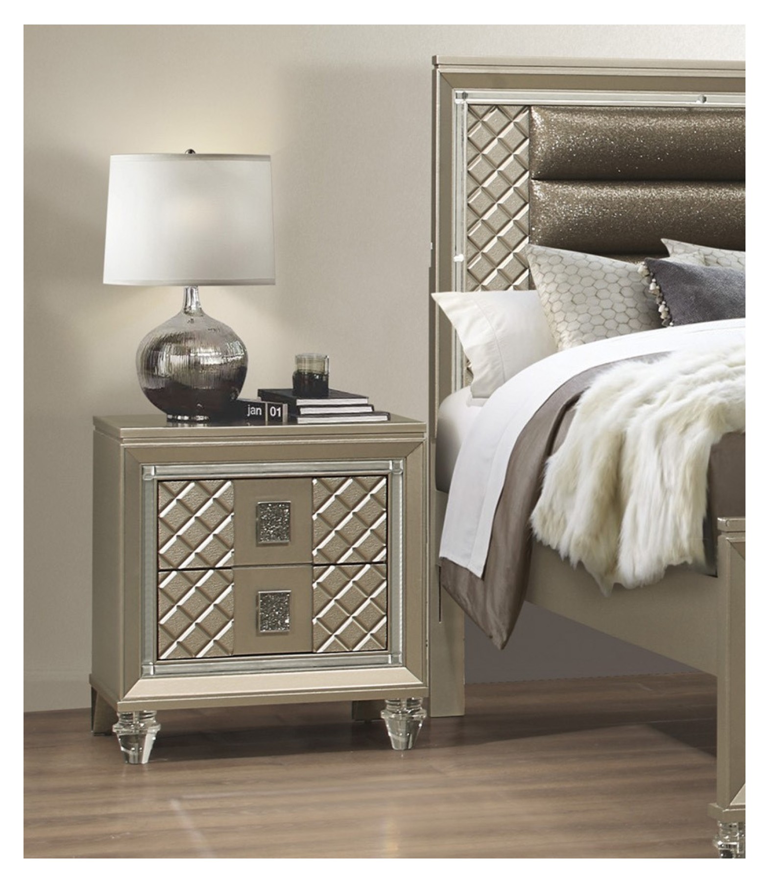 Glamorous Champagne Finish 1pc Nightstand of 2 Drawers Acrylic Feet ...