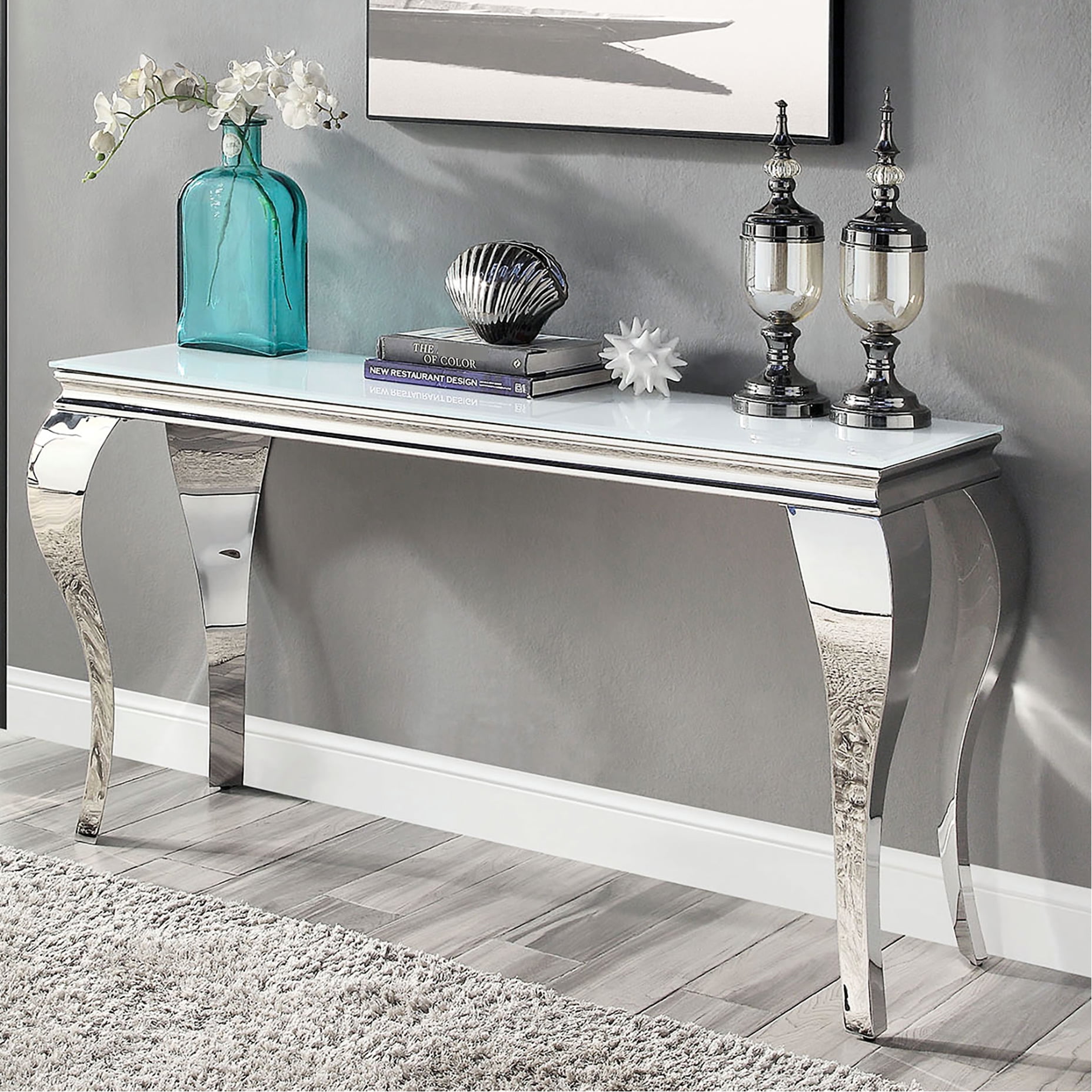 Glamorous Console Table With White Glass Surface And Silver -style Metal Legs Contemporary In ...