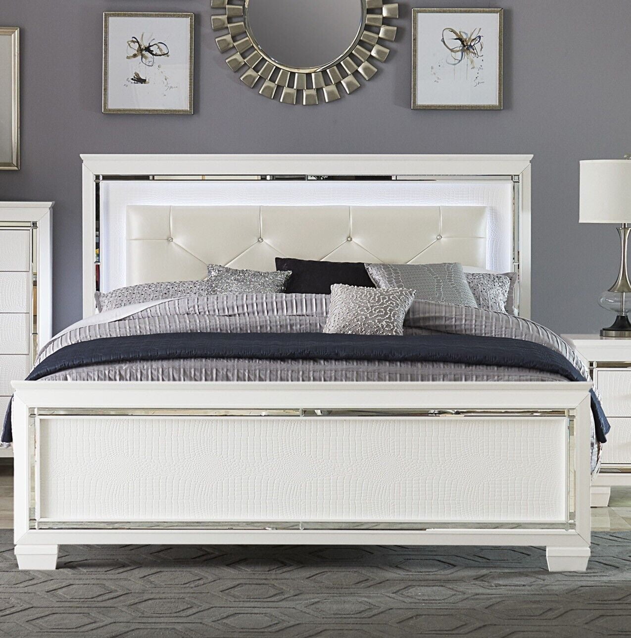 Glamorous Design Queen Size Bed Button-Tufted LED Headboard White ...