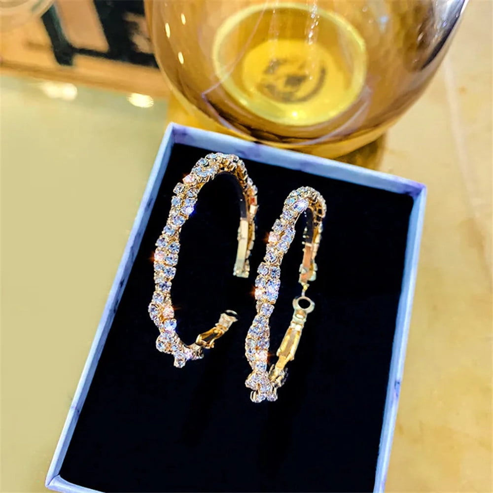 Glamorous Fashion Jewelry Round Twisted 4cm Hoop Earrings Shiny Crystal ...
