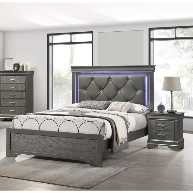 Glamorous Gray Queen Size 3Pc Bedroom Set Panel Bed w LED Unique Tufted ...