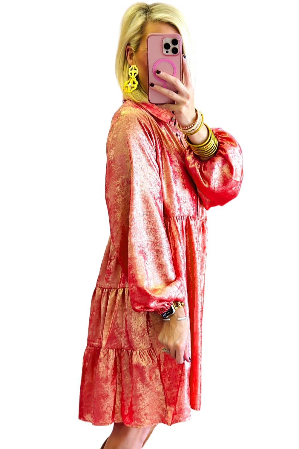 Glamorous Long Sleeve Button-Up Dress: Peach Blossom Metallic Sheen ...
