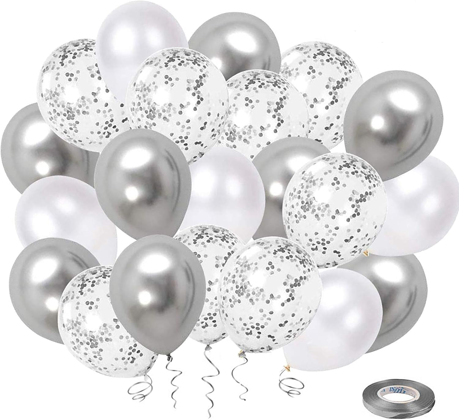 Glamorous Metallic Silver Balloons, Helium Balloons with Silver Ribbon ...