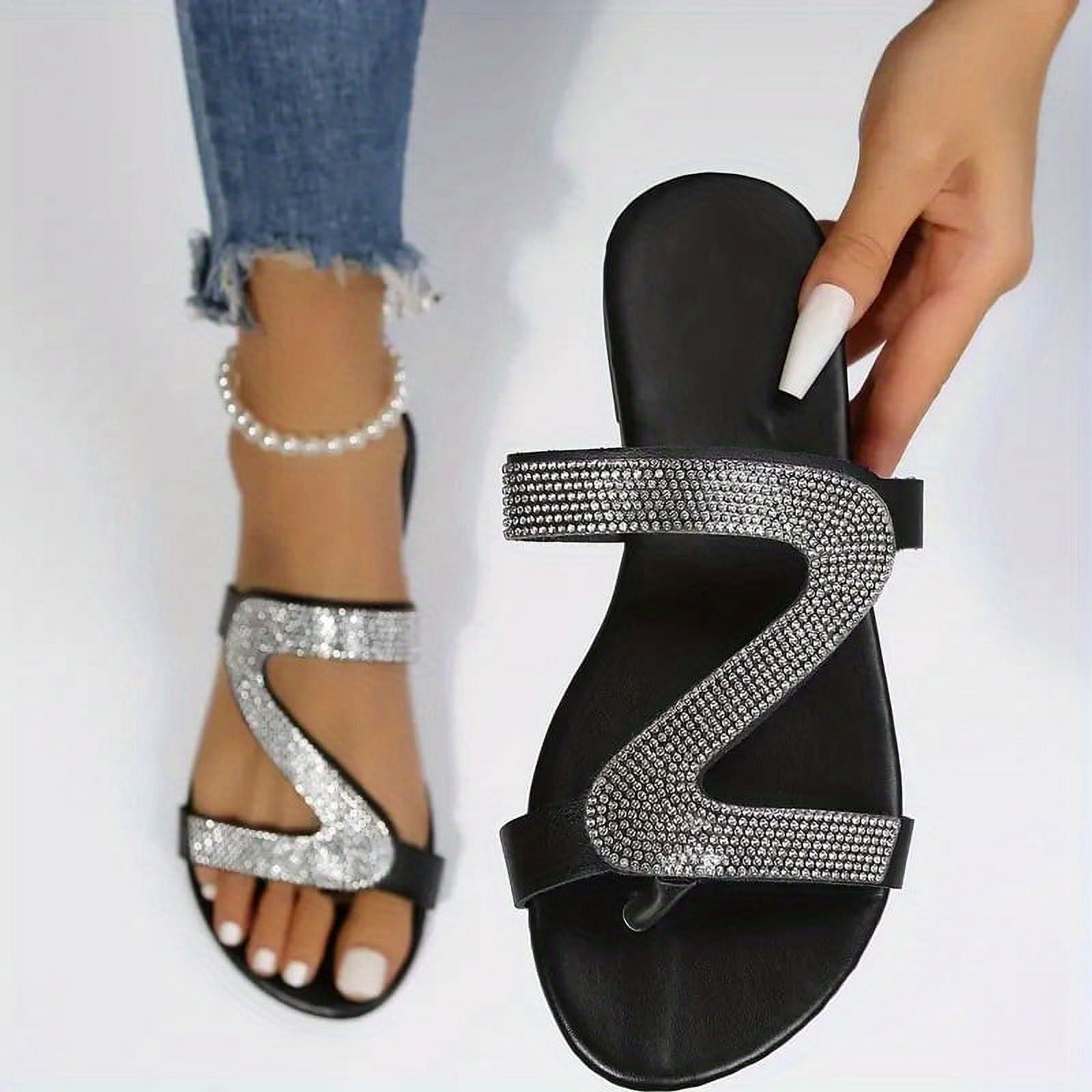 Glamorous Rhinestone-Embellished Slide Sandals - Comfortable Open Toe ...