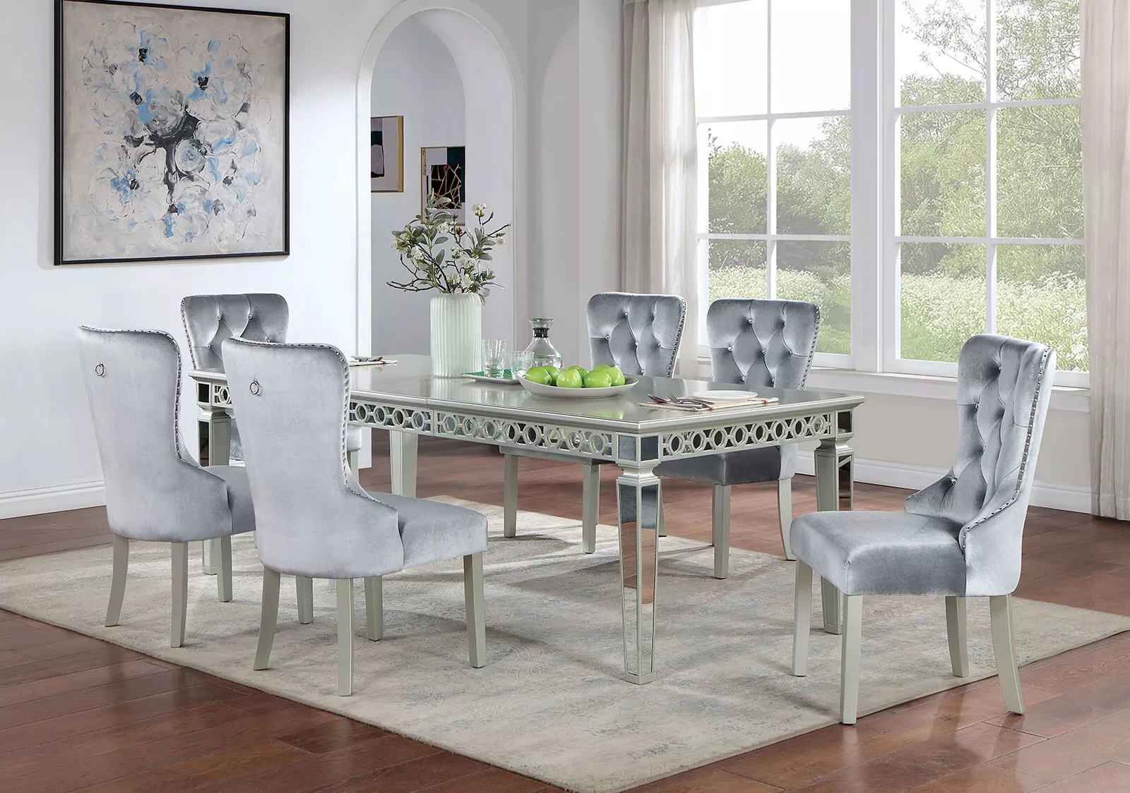 Glamorous Silver 7pc Dining Set Mirror Accents Table w Leaf Gray ...