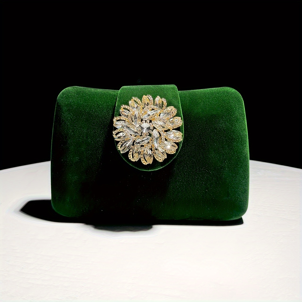 Glamorous Solid Emerald Evening Clutch with Sparkling Rhinestone Flower ...
