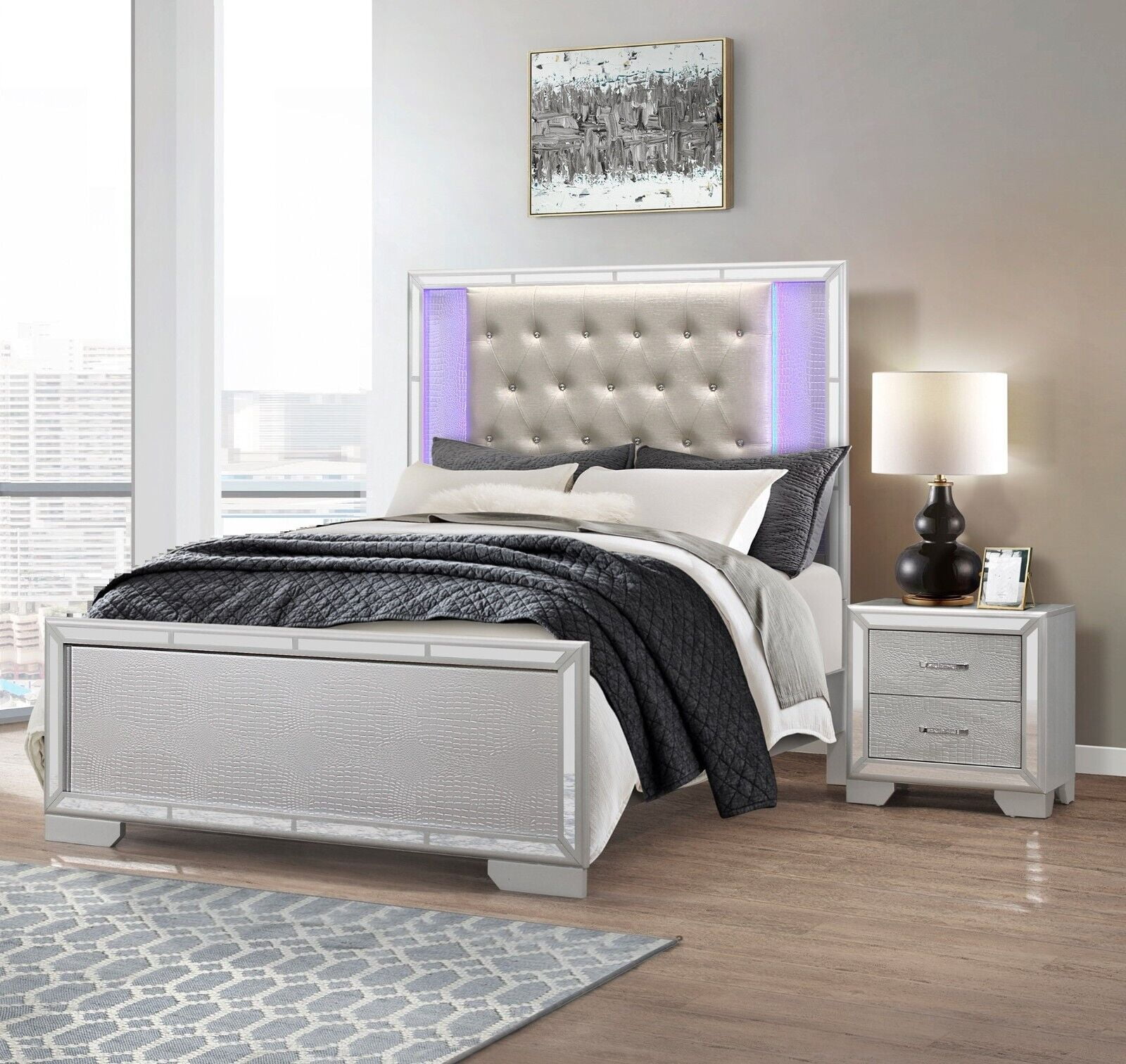 Glamorous Style 3pc Silver Bedroom Set Queen Bed w LED Headboard and ...