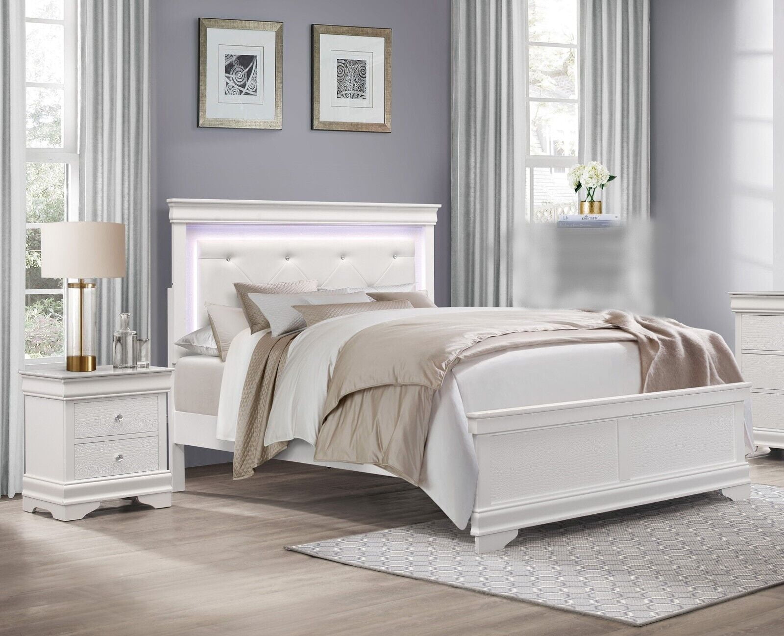Glamorous Style White Finish Queen Bed Tufted LED Lighting Headboard ...
