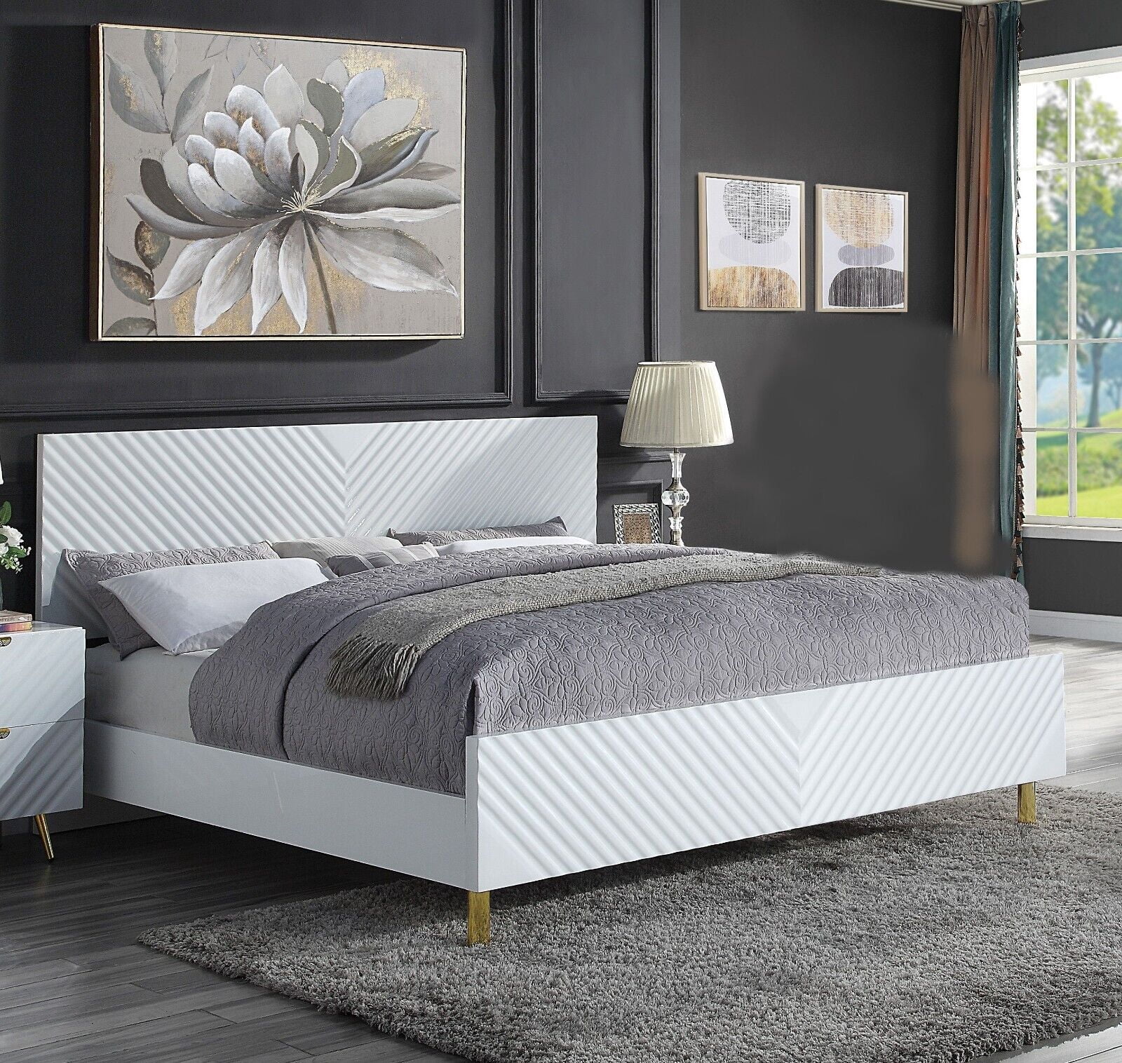 Glamorous Style White Gloss Finish 1pc Queen Size Bed Gold Metal ...
