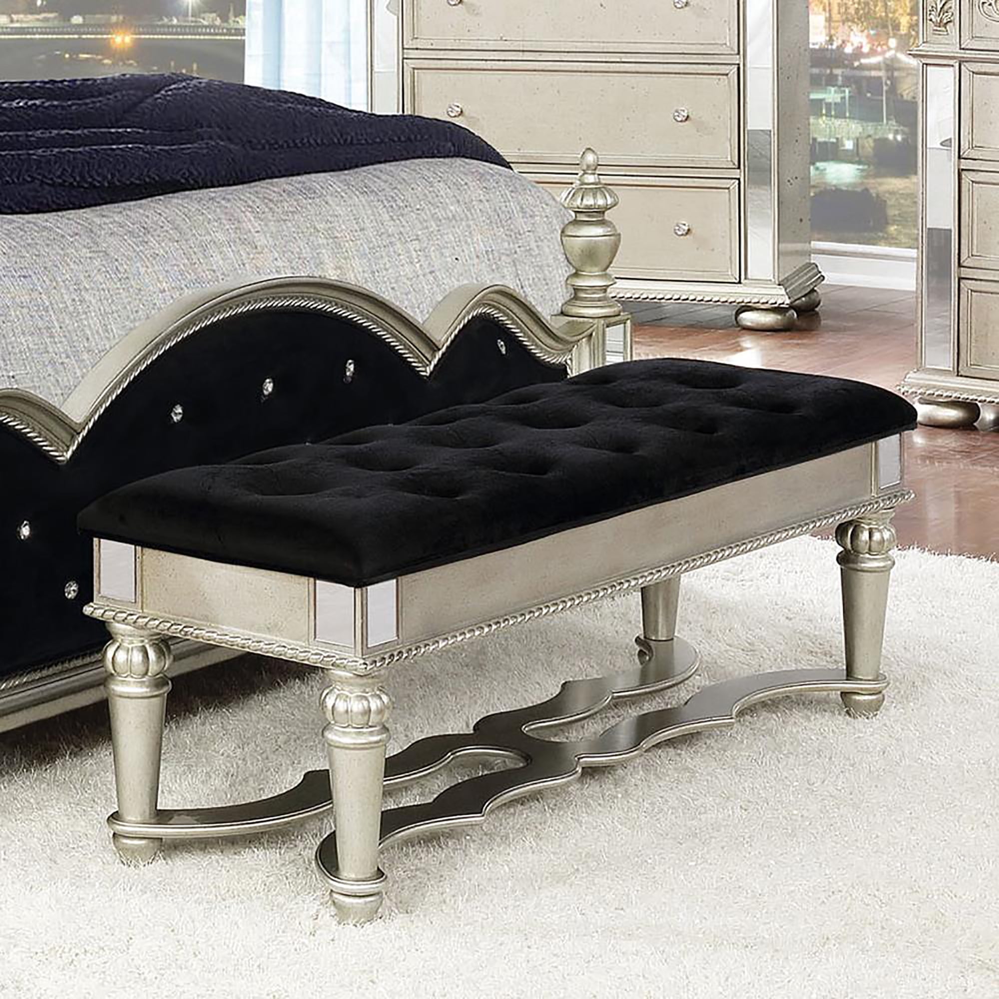 Glamorous Velvet Upholstered Bedroom Bench with Mirrored Accents ...